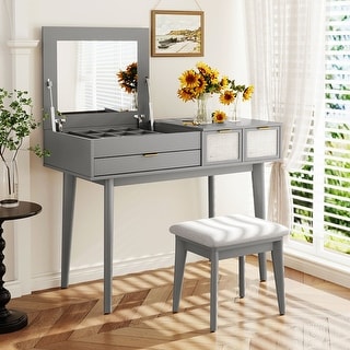 43.3" Modern Wood Dresser, Makeup Vanity Set with Flip-Top Mirror and Stool, Dressing Table with ...